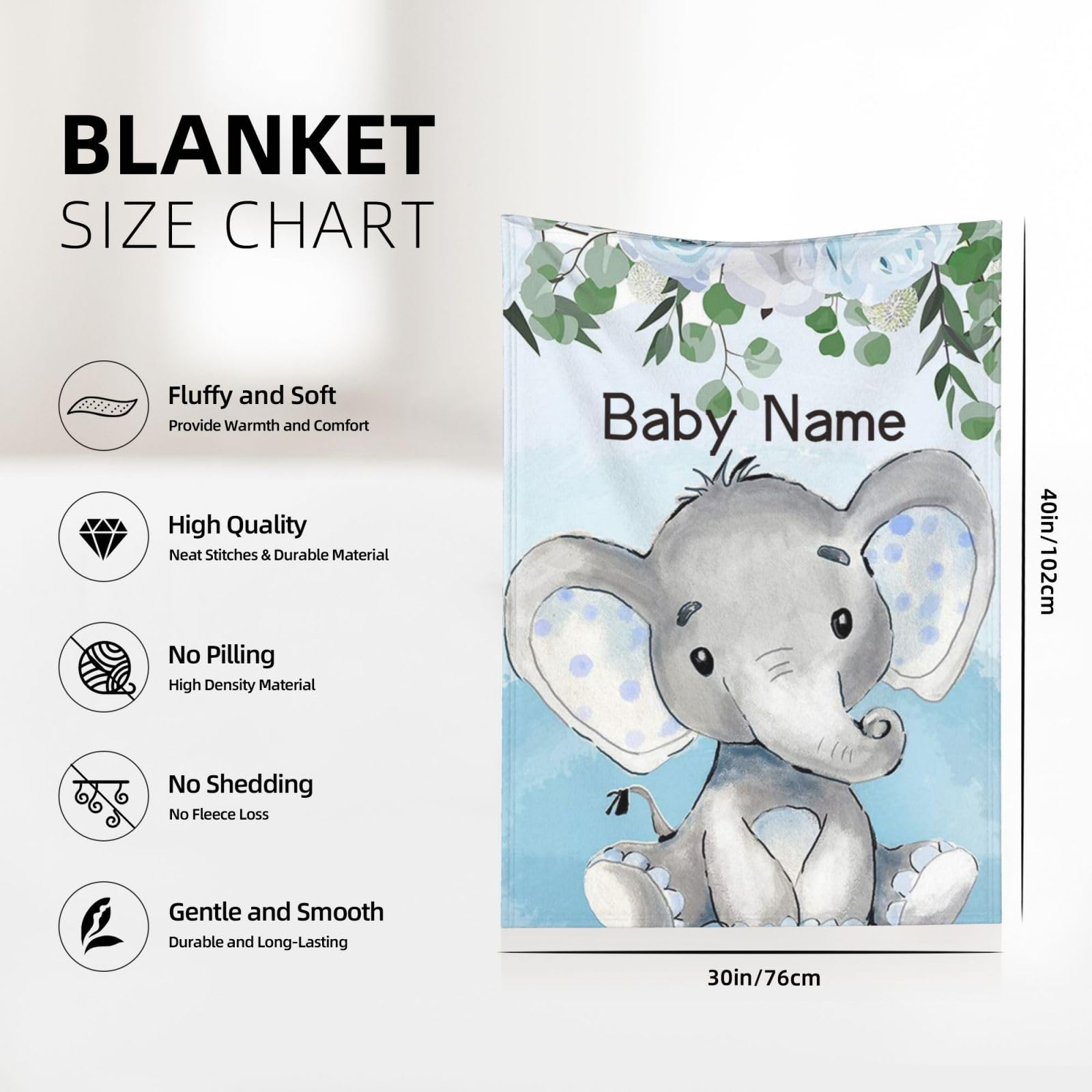 Personalized Baby Blanket with Name-Custom Baby Blankets for Girls Boys with Name-Customized Gifts for Newborn Baby Elephant Baby Name Blanket Throw Fleece Swaddle Toddler Shower Blanket