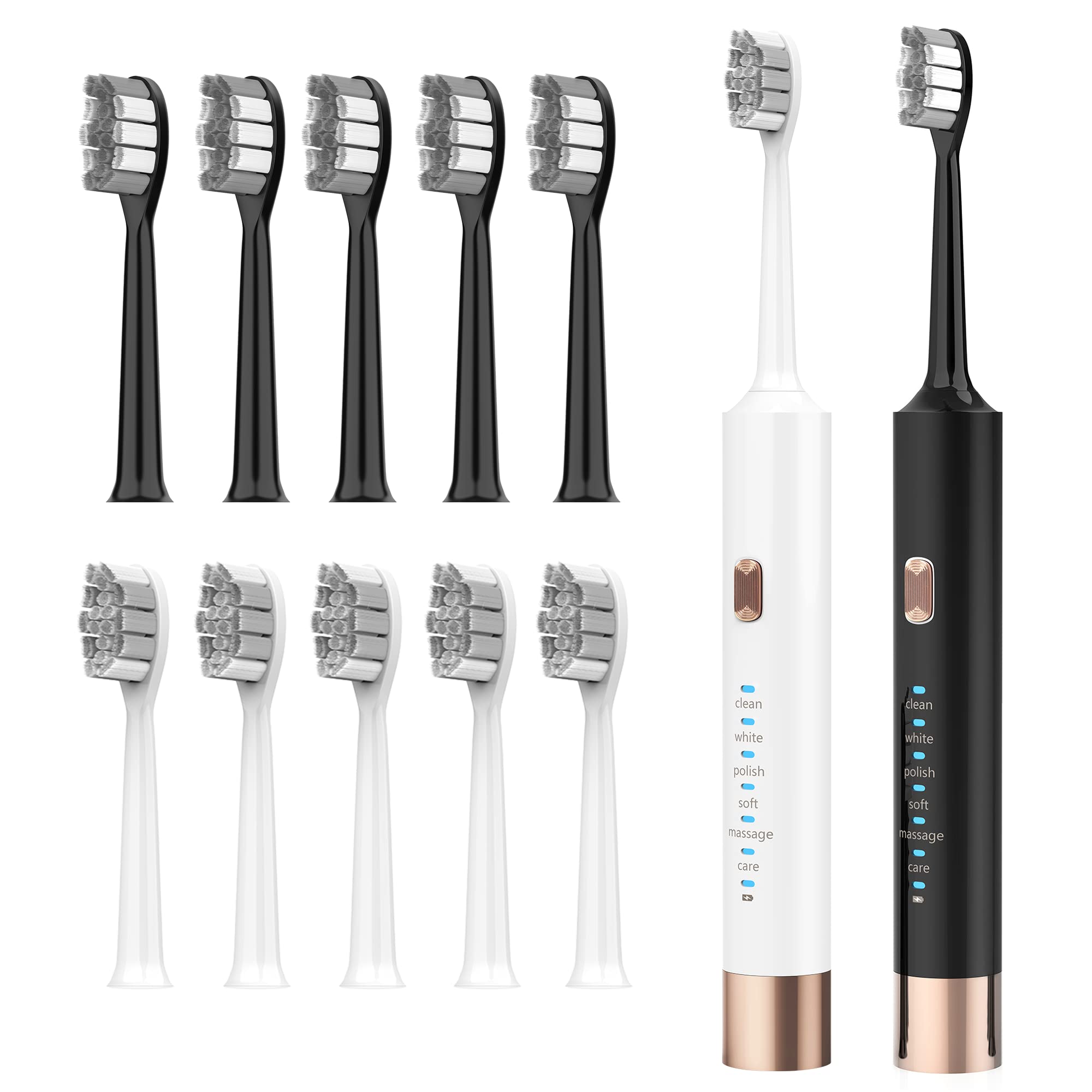 ZXZCTTC 2 Pieces,10 Brush Head High Frequency Electric Toothbrush, IPX7 Waterproof USB Quick Charge, Rechargeable 60 Days(Black/White)