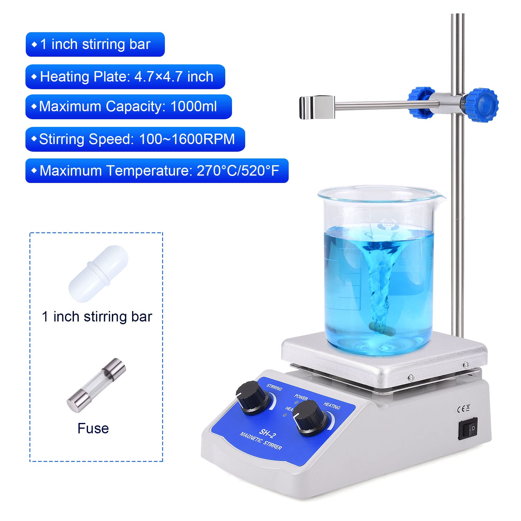 Slendor Magnetic Stirrer SH-2 Hot Plate Mixer Max 520℉ Lab Hotplate Stirrer 2000 RPM Stir Plate with Thermometer, Stirrer Bar and Support Stand