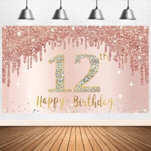 12th birthday banner decorations for girls, rose gold happy 12 birthday backdrop party supplies, pink 12 year old birthday sign poster background photo booth props decor