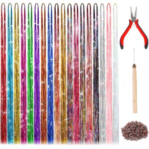 febsnow 47 inches tinsel hair extension with tool 3600 strands 18 mixed colors hair extension tinsel kit glitter hair extensions for women girls hair accessories for christmas new year cosplay party