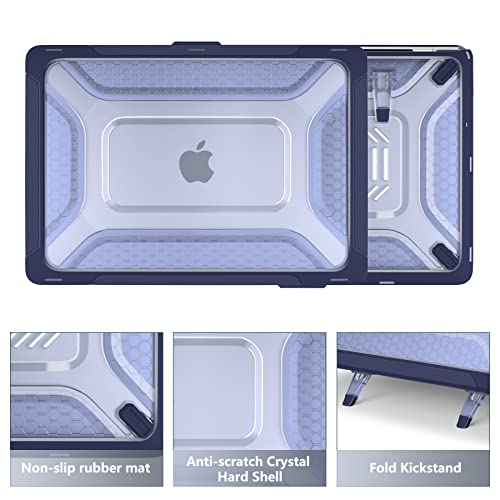 Batianda Protective Case for MacBook Air 13 inch 2021 2020 Release A2337 M1 A2179 A1932 with Touch ID,Heavy Duty Honeycomb Hard Shell with Slim TPU Bumper and Fold Kickstand & Keyboard Cover,Navy Blue