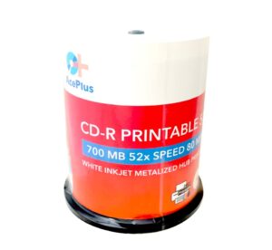 aceplus 100 white inkjet hub-printable cd-r recordable discs with 52x recording speed and 700 mbs of data (100-pk cakebox)