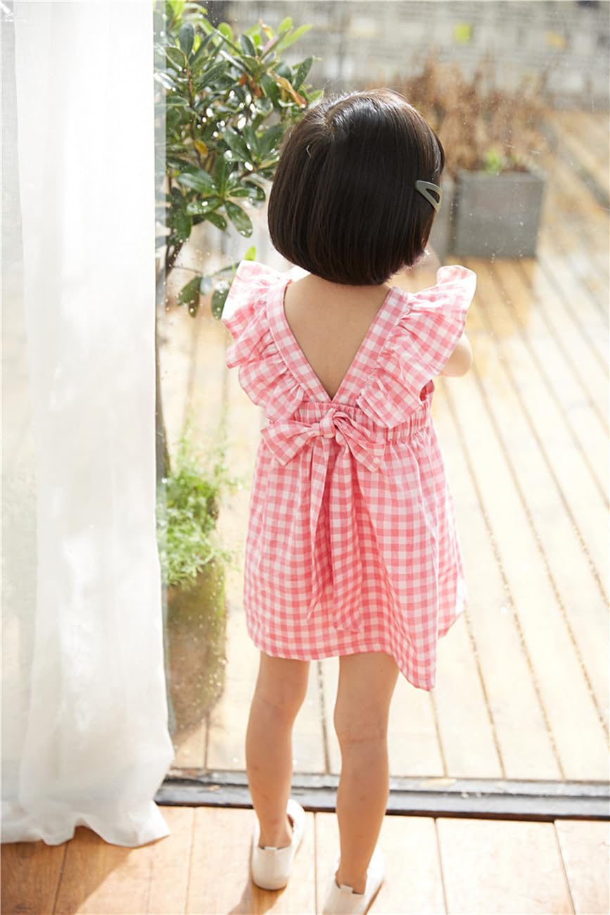 AGQT Baby Girls Plaid Dress Gingham Fly Sleeve Backless Summer Dresses Spring Smocked Birthday Easter Dresses Pink Size 12-18 Months