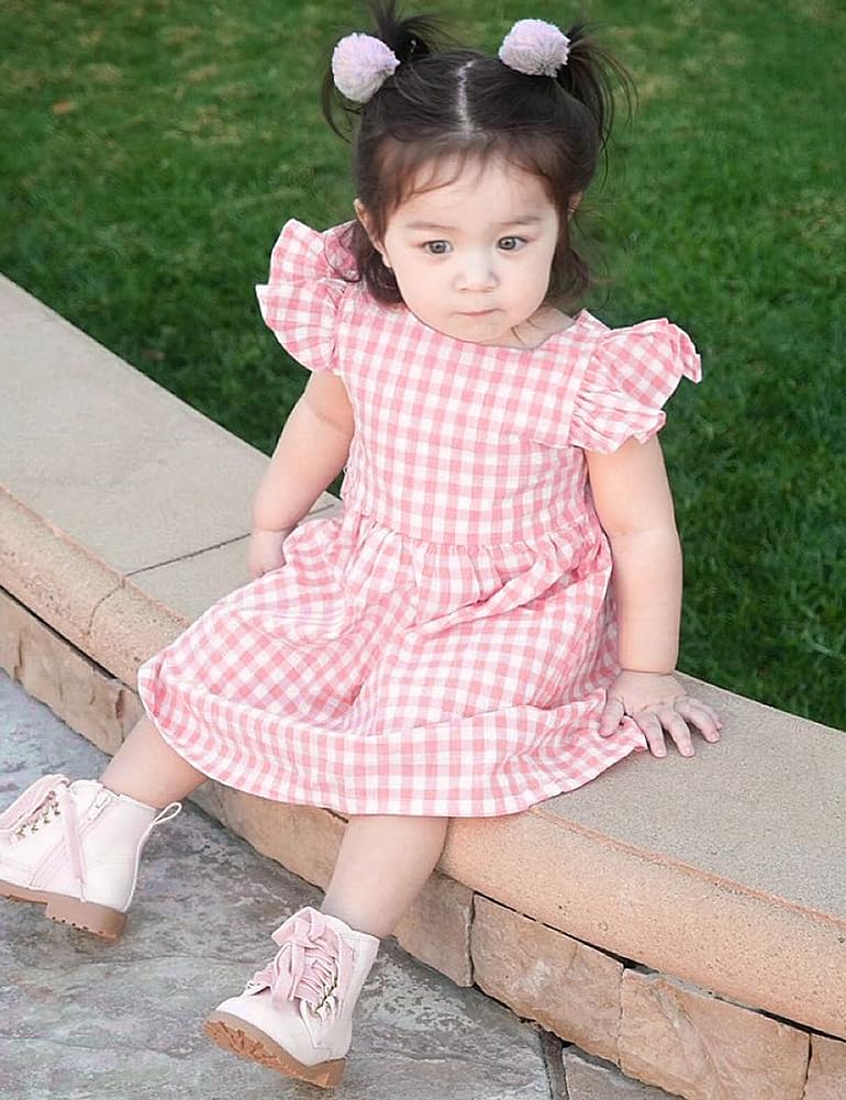 AGQT Baby Girls Plaid Dress Gingham Fly Sleeve Backless Summer Dresses Spring Smocked Birthday Easter Dresses Pink Size 12-18 Months