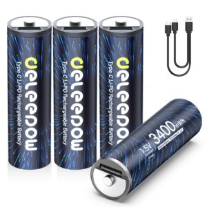 deleepow rechargeable aa batteries lithium usb 1.5v 3400mwh lithium aa batteries with usb-c cable 1500 cycles 4-pack