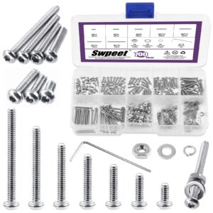 swpeet 701pcs m2 metric 304 stainless steel button head hex socket head cap bolts screws nuts and hex nuts with flat washers and split lock washers kit, screws nuts washers wrench all included