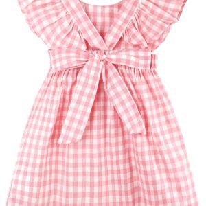 AGQT Baby Girls Plaid Dress Gingham Fly Sleeve Backless Summer Dresses Spring Smocked Birthday Easter Dresses Pink Size 12-18 Months