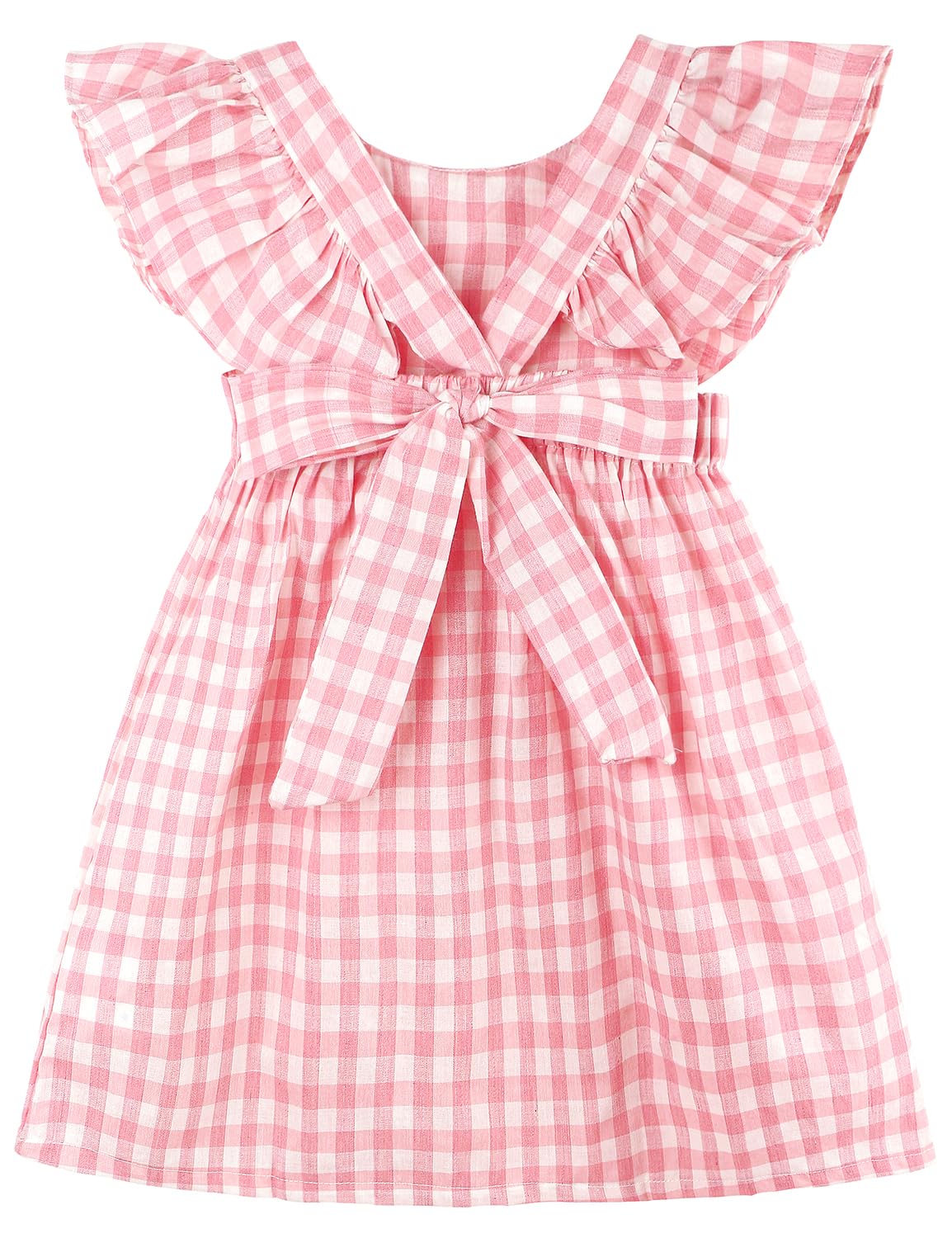 AGQT Baby Girls Plaid Dress Gingham Fly Sleeve Backless Summer Dresses Spring Smocked Birthday Easter Dresses Pink Size 12-18 Months