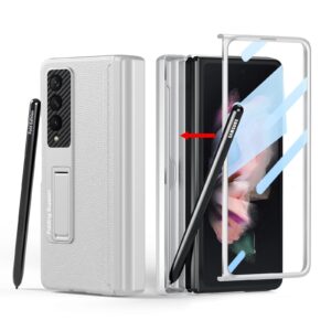 libeagle [updated version] compatible with samsung galaxy z fold 3 case [built in hidden s pen holder to avoid pen lost][leather on back][screen protector][hinge protection] cover 5g 2021-silver