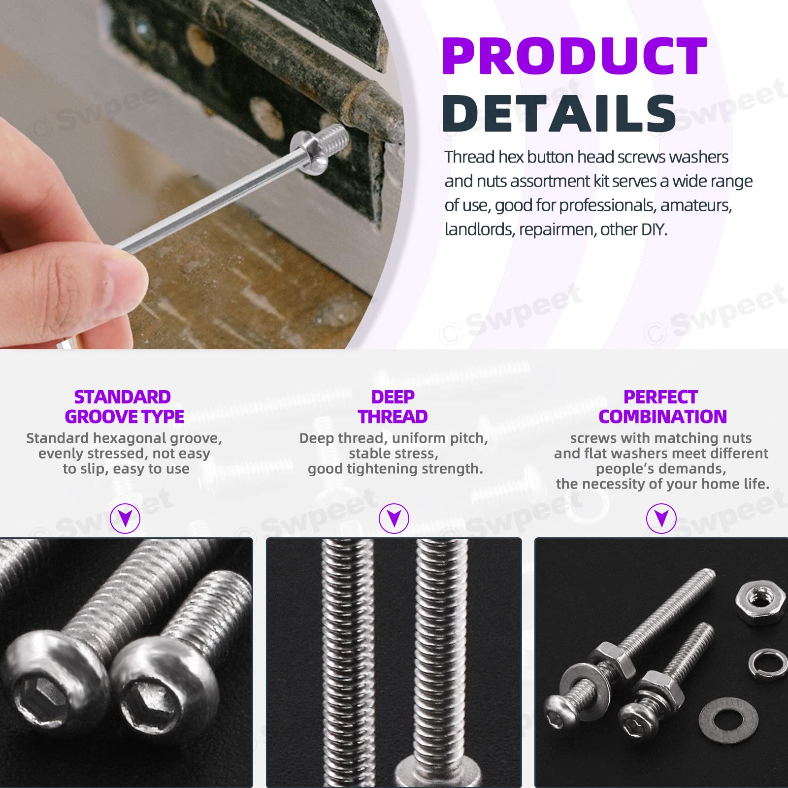 Swpeet 701Pcs M2 Metric 304 Stainless Steel Button Head Hex Socket Head Cap Bolts Screws Nuts and Hex Nuts with Flat Washers and Split Lock Washers Kit, Screws Nuts Washers Wrench All Included