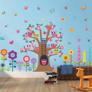 rw-c321 removable brown tree flowers wall decals colorful owls on the tree branches wall stickers diy butterfly floral green leaf plant wall decor for kids girls bedroom living room nursery decoration