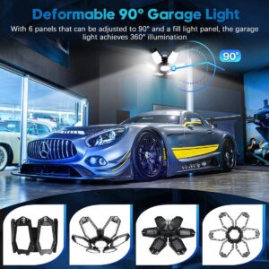 TANBABY 2 Pack LED Garage Lights, Total 30000LM Deformable Best Garage Light Ceiling LED Shop Lights, 150W E26/E27 LED Light Garage Lighting with 6+1 Adjustable Panels Garage Bulb for Basement, Attic