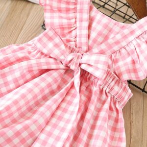 AGQT Baby Girls Plaid Dress Gingham Fly Sleeve Backless Summer Dresses Spring Smocked Birthday Easter Dresses Pink Size 12-18 Months