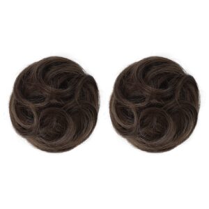 REECHO 2 PCS Mini Claw Clip in Messy & Cat Ears Hair Bun Extensions HB001 Wig Accessory Updo Hairpieces for Women Girls (Pack of 2-3.5" Wavy, Dark Brown with Copper Highlights)