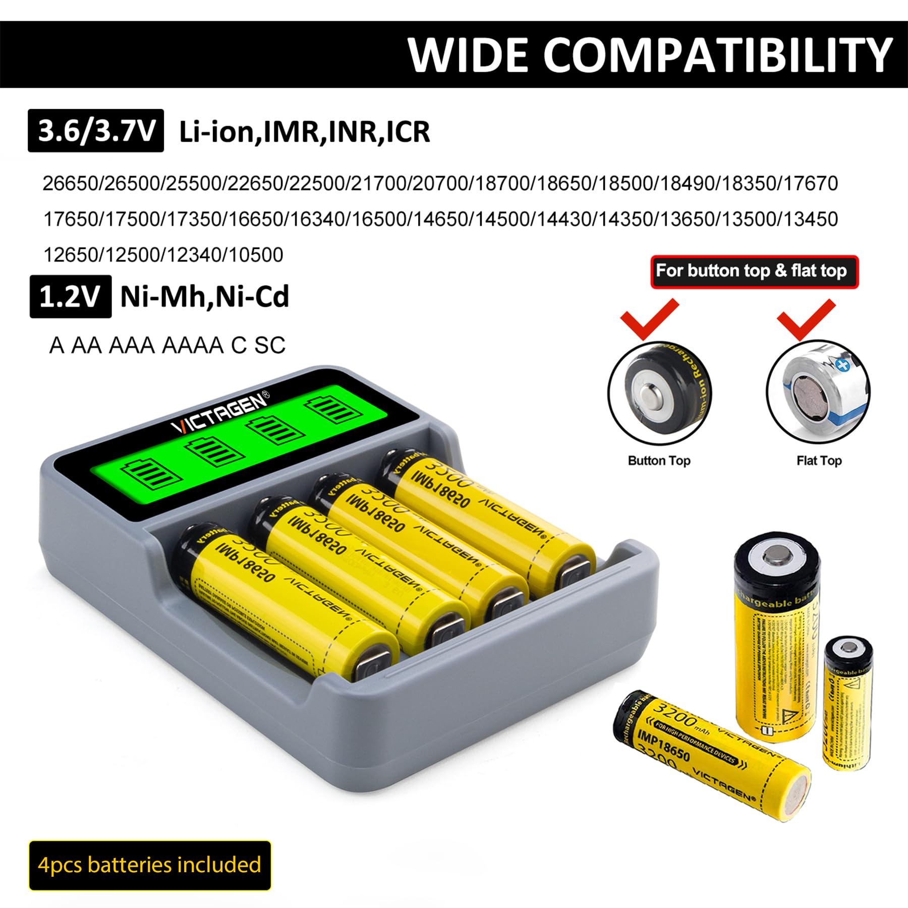 18650 Battery Charger Combo 3.7V, VICTAGEN Universal Smart Chargers for Rechargeable Li-ion Batteries 26650 22650 21700 14500 10440 RCR123, Ni-MH Ni-CD AA AAA C