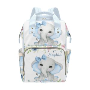 blue pink flowers roses elephant personalized diaper backpack with name,custom travel daypack for nappy mommy nursing baby bag one size