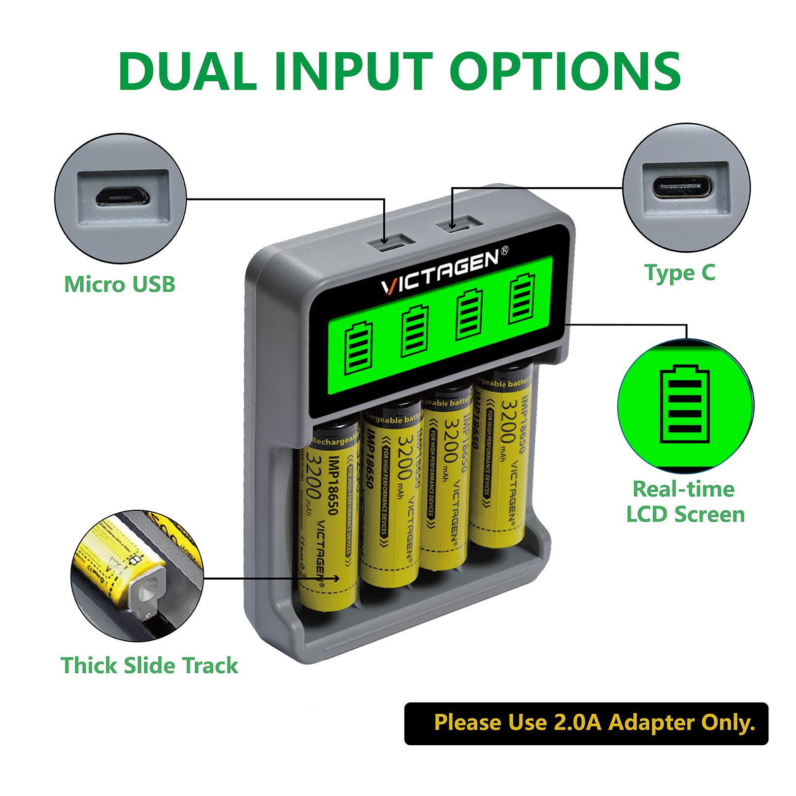 18650 Battery Charger Combo 3.7V, VICTAGEN Universal Smart Chargers for Rechargeable Li-ion Batteries 26650 22650 21700 14500 10440 RCR123, Ni-MH Ni-CD AA AAA C