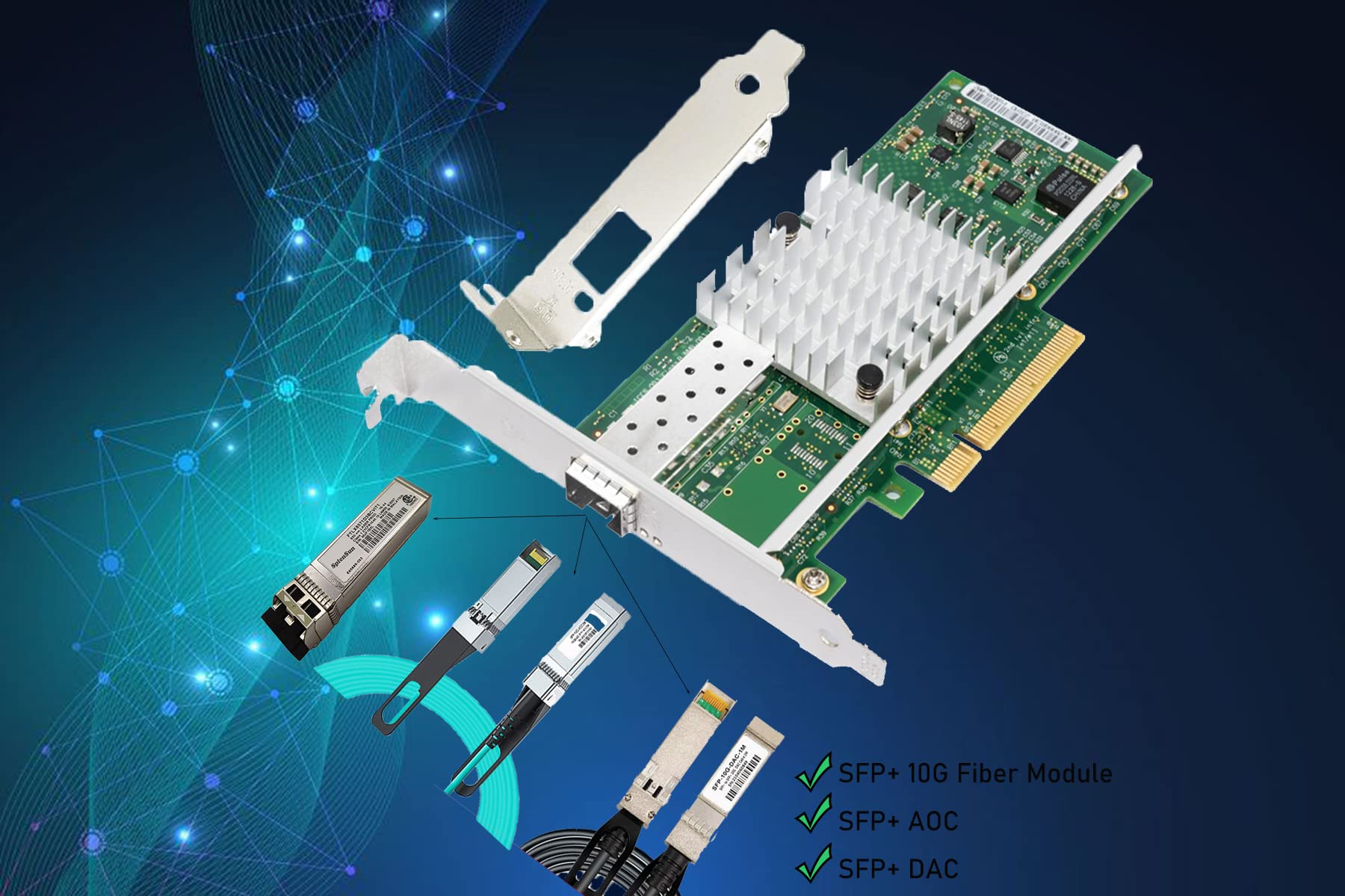 10Gb Network Card Single SFP+ Port PCIE x8 Ethernet Converged Server Adapter NIC Compatible Intel X520-DA1 82599EN Chip Support Windows 7/8/10/11/Visa,Server/Linux/VMware