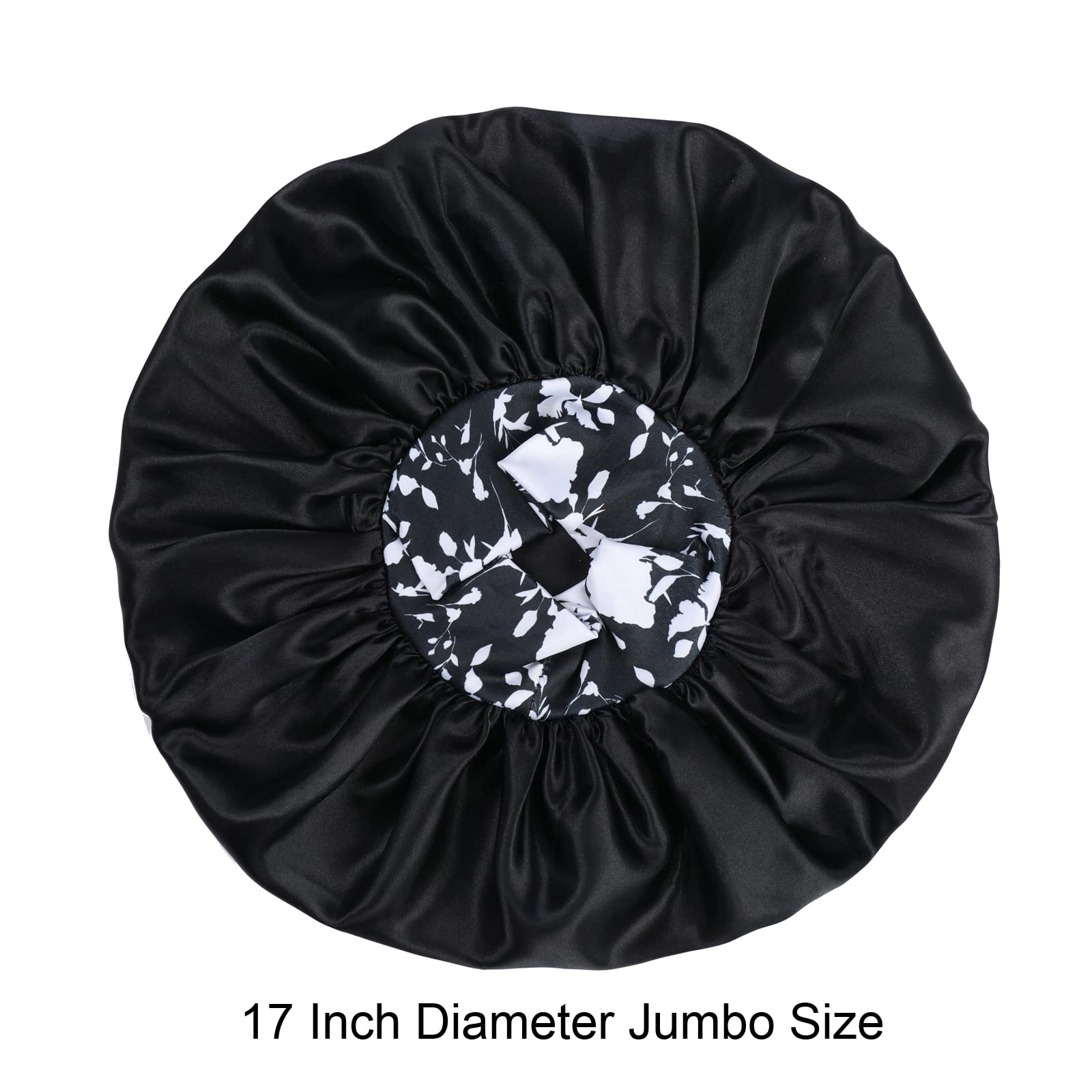 Silk Satin Bonnet Hair Cap: 2pcs 17inch Diameter Extra Large Jumbo Sleeping Satin Bonnets with Comfortable Flower Band - High Density Satin Bonnets for Women Braids Curly Night Cap (Black & Rosegold)