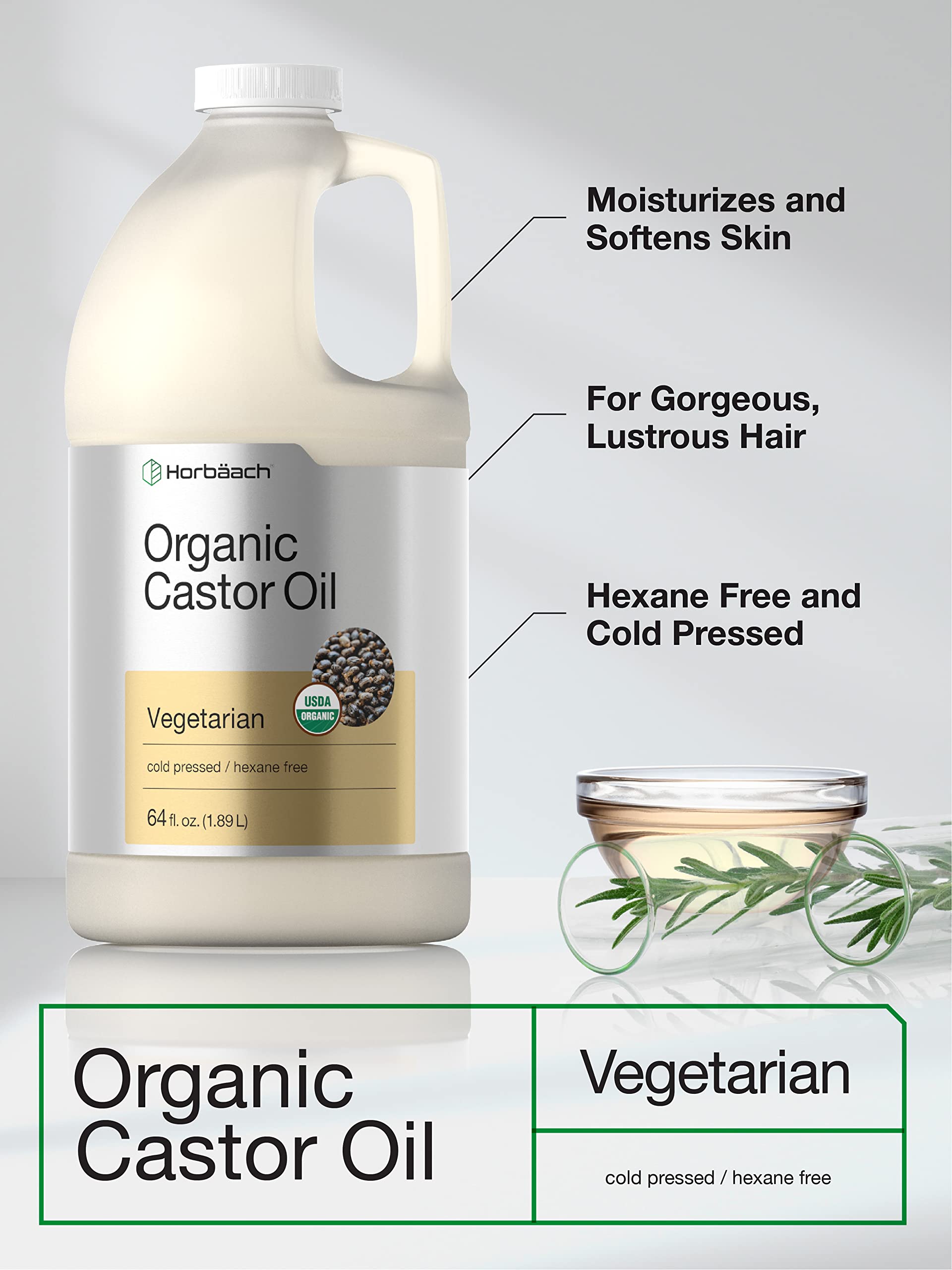 Horbäach Organic Castor Oil 64 fl oz | for Topical Use and Hair | Cold Pressed, Hexane Free | Vegetarian, Non-GMO