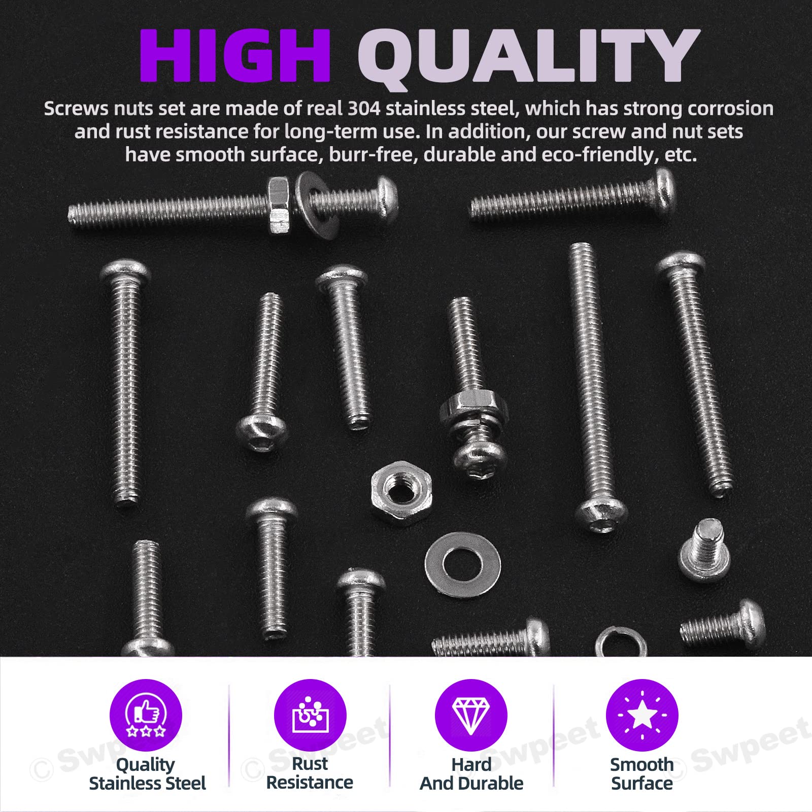 Swpeet 701Pcs M2 Metric 304 Stainless Steel Button Head Hex Socket Head Cap Bolts Screws Nuts and Hex Nuts with Flat Washers and Split Lock Washers Kit, Screws Nuts Washers Wrench All Included