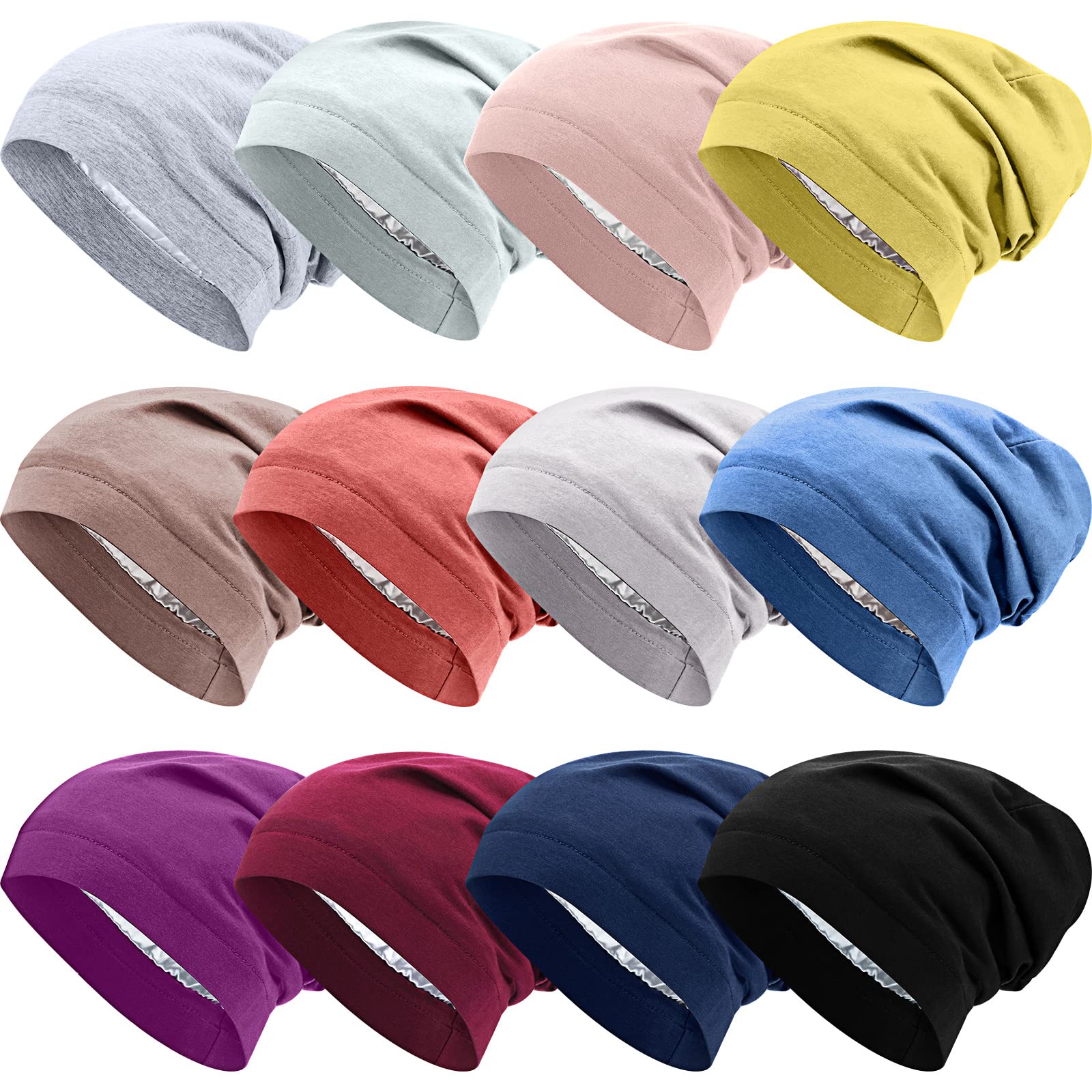 12 Pcs Satin Sleep Cap Silk Bonnet Beanie Hat Bulk Night Hair Cap Cover for Sleeping Women Curly Hair (Fresh Colors)