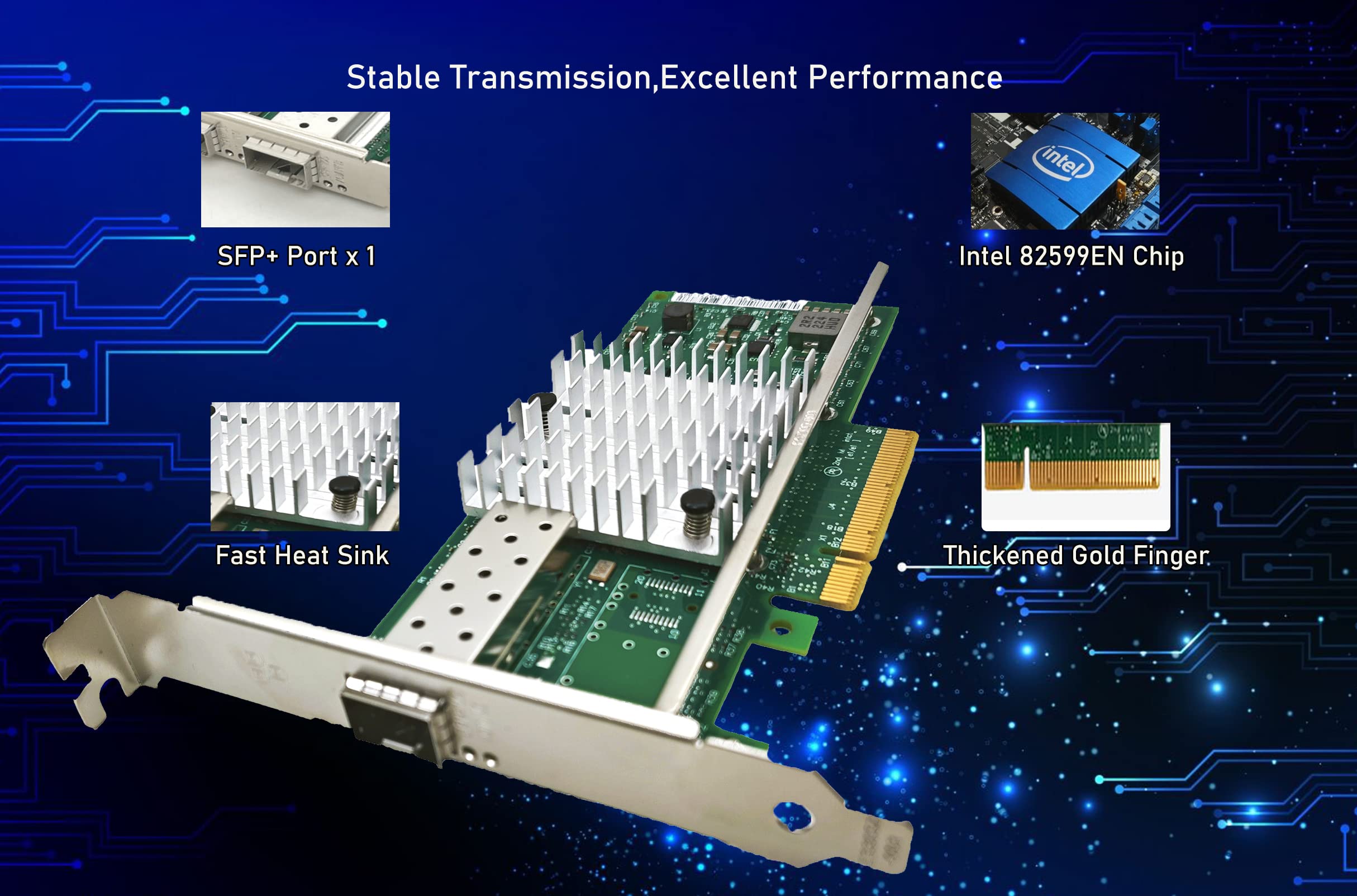 10Gb Network Card Single SFP+ Port PCIE x8 Ethernet Converged Server Adapter NIC Compatible Intel X520-DA1 82599EN Chip Support Windows 7/8/10/11/Visa,Server/Linux/VMware