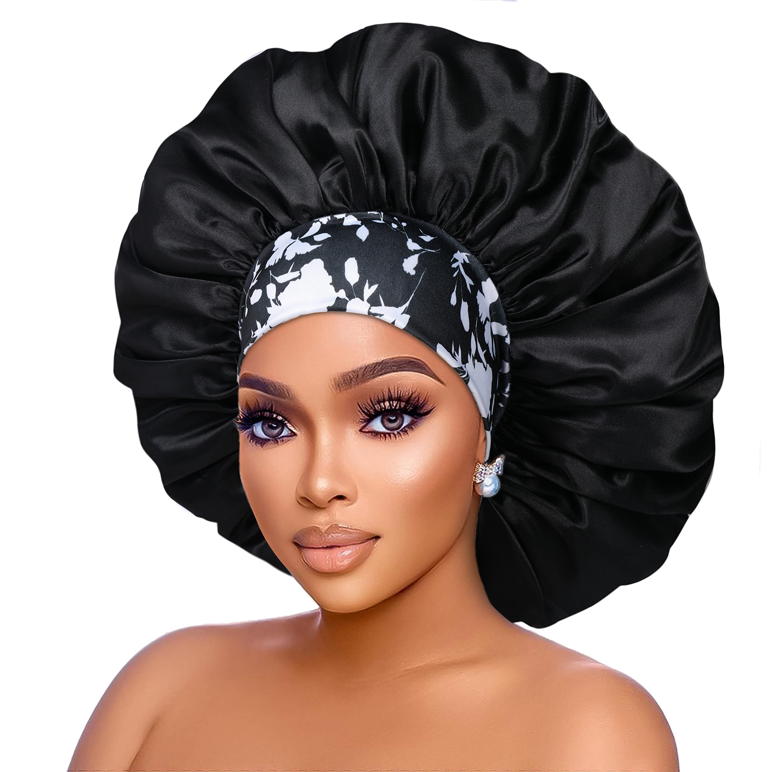 Silk Satin Bonnet Hair Cap: 2pcs 17inch Diameter Extra Large Jumbo Sleeping Satin Bonnets with Comfortable Flower Band - High Density Satin Bonnets for Women Braids Curly Night Cap (Black & Rosegold)