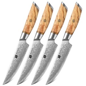 xinzuo steak knife set of 4, damascus powder steel kitchen steak knife set, non serrated steak knives, razor-sharp dinner knives with gift box, kitchen table knife with olive wood handle-lan series