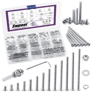 swpeet 621pcs m3 metric 304 stainless steel button head hex socket head cap bolts screws nuts and hex nuts with flat washers and split lock washers assortment kit, screws nuts washers all included