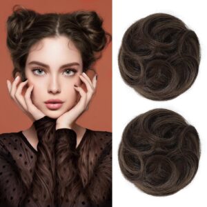 reecho 2 pcs mini claw clip in messy & cat ears hair bun extensions hb001 wig accessory updo hairpieces for women girls (pack of 2-3.5" wavy, dark brown with copper highlights)