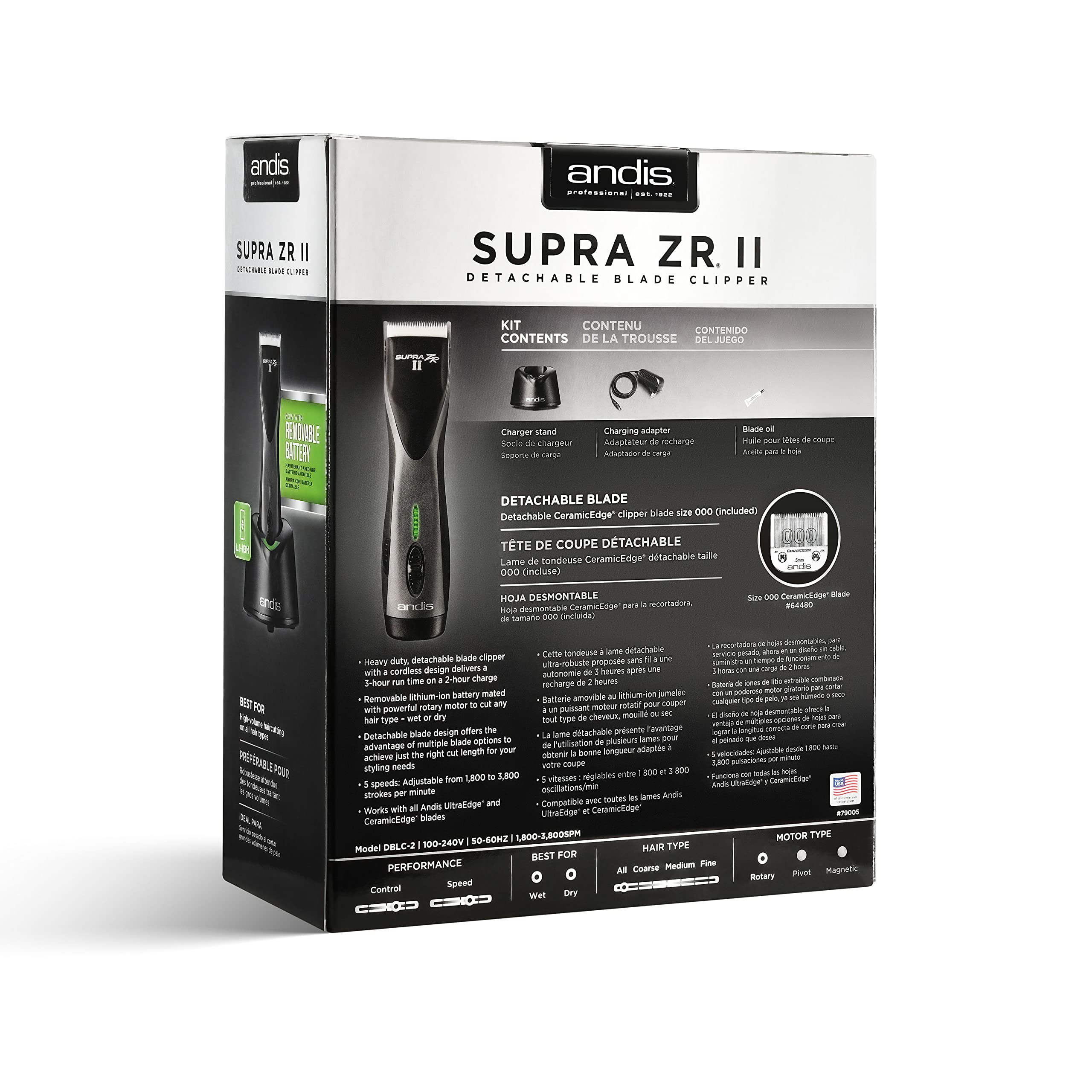 Andis Supra ZR II Cordless Ion Clipper DBLC-2 (79005) - Bundled with BeauWis Blade Brush