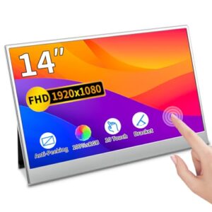 magedok portable monitor,14”touchscreen monitor,fhd 1080p,100% srgb display,with usb-c,hdmi,mini dp,folding kickstand extend second screen for laptop/pc/phone/switch/xbox