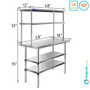 AmGood 18" X 48" Stainless Steel Table with 2 Shelves + Overshelf | Commercial & Residential Kitchen Laundry Garage Utility Bench | NSF Metal Prep Table