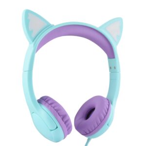 olyre kids headphones with mic for school, 85db safe volume limited light up cat ear headphones,wired cord on-ear headphones for children/boys/girls/travel-green/purple