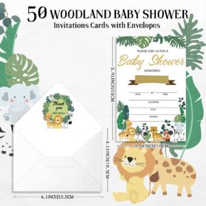 Fumete 50 Sets Woodland Baby Shower Invitations, Diaper Raffle Tickets, Baby Shower Book Request Cards with Envelopes, Invited Stickers Jungle for Baby Shower Boy