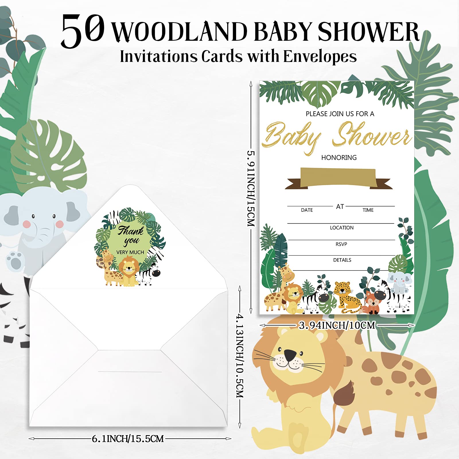 Fumete 50 Sets Woodland Baby Shower Invitations, Diaper Raffle Tickets, Baby Shower Book Request Cards with Envelopes, Invited Stickers Jungle for Baby Shower Boy