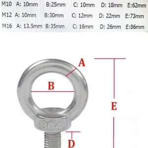 JY-MARINE Lifting Eye Bolts 304 Stainless Steel Heavy Duty Screw Bolt Male Thread Machinery Shoulder Lifting Ring Eye Bolt with Lock Nuts and Flat Washers,2Pcs (M12)