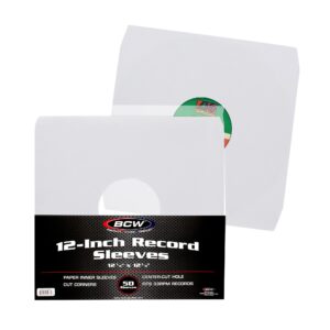 bcw 12 inch vinyl record paper inner sleeves - angle cut corners - white | pack of 50 | protective lp album sleeves for vinyl storage and preservation | compatible with 33⅓ rpm albums