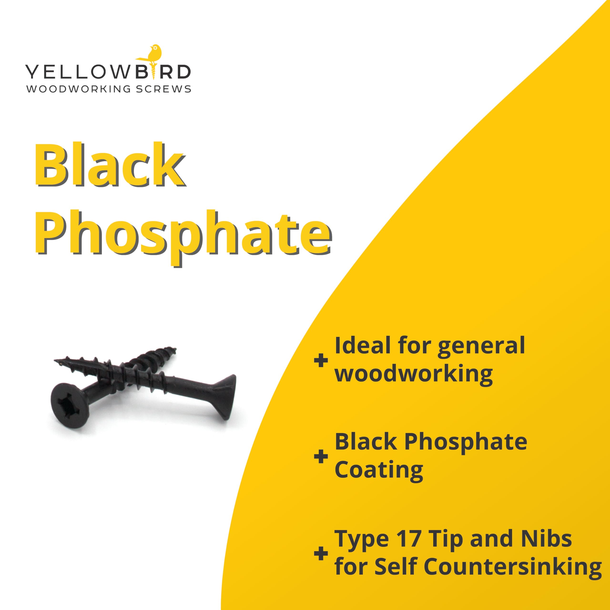 Yellowbird #8 x 2-1/2" Combo Square/Phillips Drive Flat Head - Countersinking Nibs - Deep Thread - Type 17 - Cabinet Assembly and Interior Work - Black Phosphate Wood Screw - Bit Included - 200Ct.