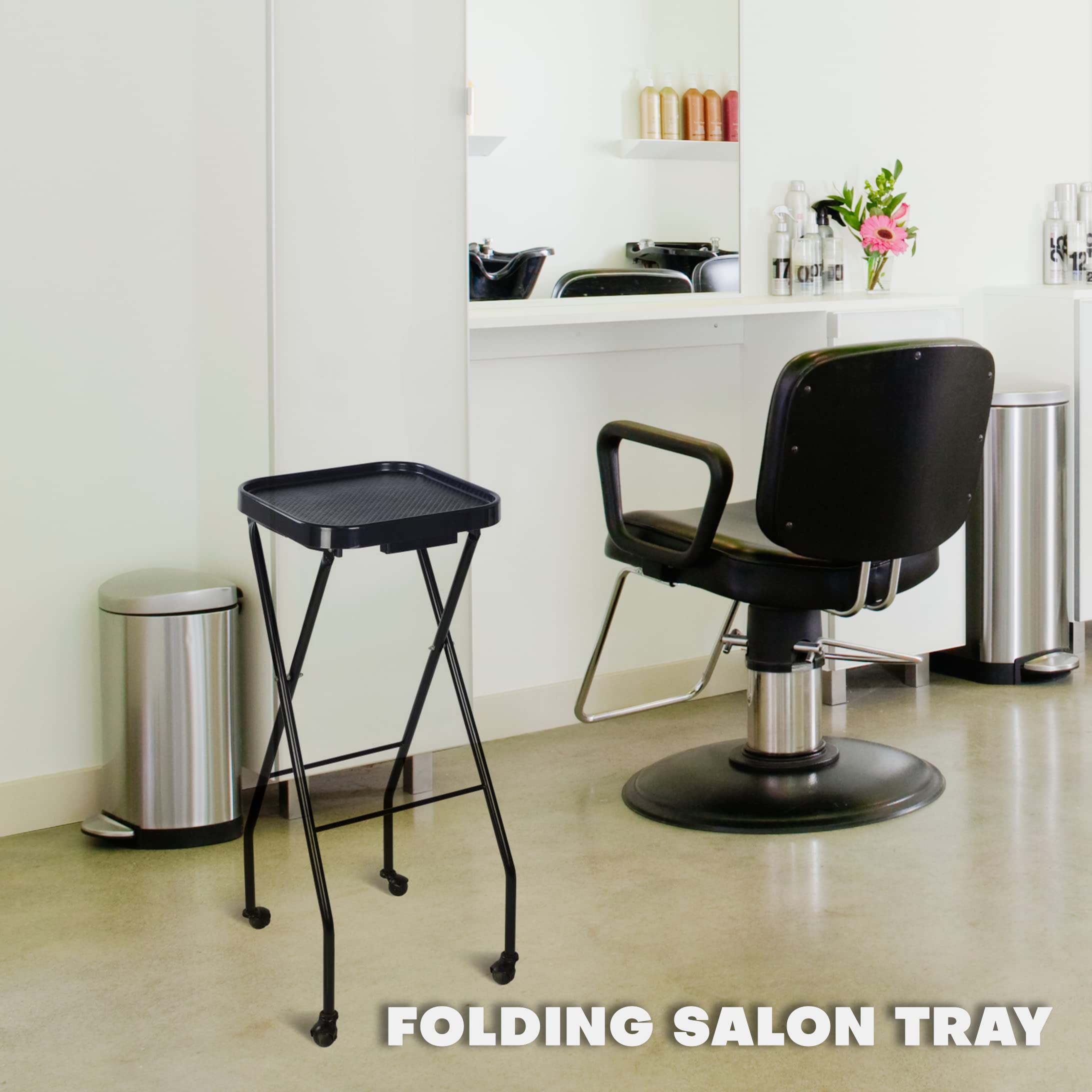 SF-001 | Folding Salon Tray | Tray Station Black on Wheels | Hair Salon Accessories