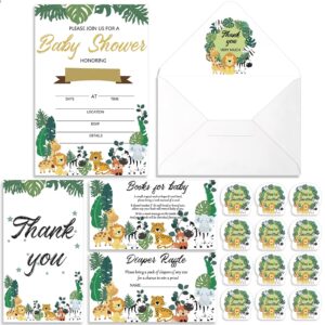 fumete 50 sets woodland baby shower invitations, diaper raffle tickets, baby shower book request cards with envelopes, invited stickers jungle for baby shower boy