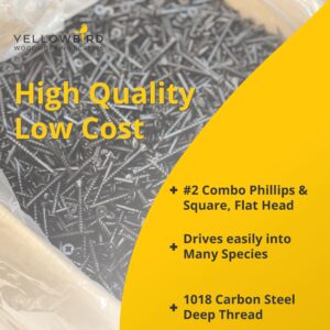 Yellowbird #8 x 2-1/2" Combo Square/Phillips Drive Flat Head - Countersinking Nibs - Deep Thread - Type 17 - Cabinet Assembly and Interior Work - Black Phosphate Wood Screw - Bit Included - 200Ct.