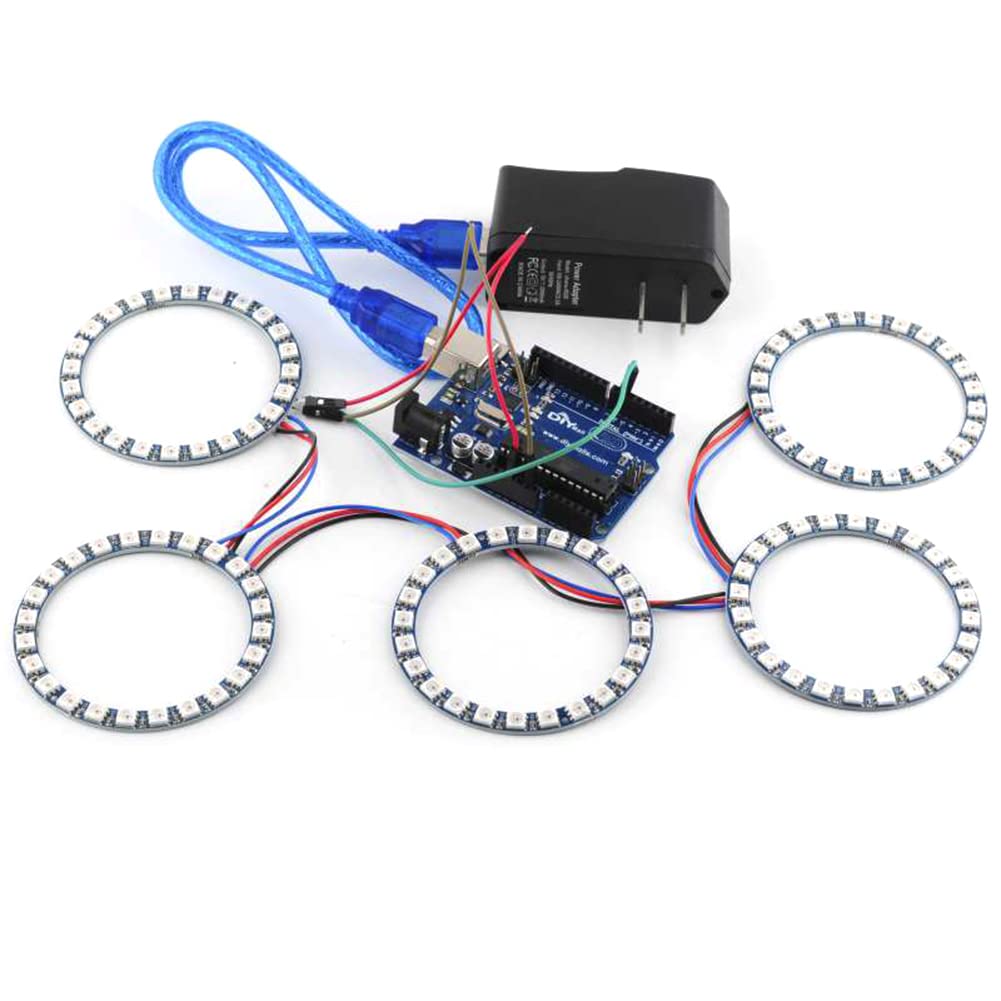 DIYmall 24 Bits RGB LED Rings 24 X WS2812B 5050 Lamp Light with Integrated Drivers, Addressable Full Color Lights for Arduino Raspberry Pi ESP32 (Pack of 5pcs)