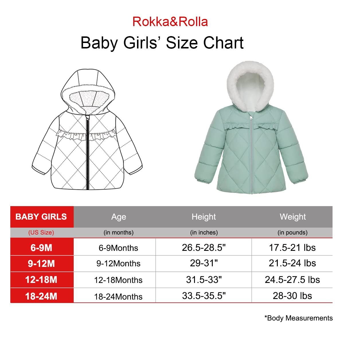 Rokka&Rolla Baby Girls' Water-Resistant Puffer Jacket Hooded Winter Coat with Soft Mini Fur Lining for Newborn Infant Toddler