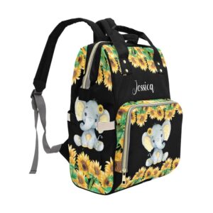 Personalized Yellow Sunflower Elephant Diaper Bags Backpack Custom Name Daypack Large Mommy Bag for Teen Girl Boy Student