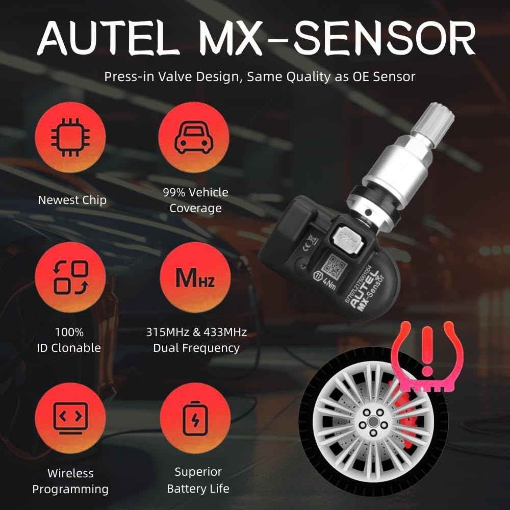 Autel TPMS Sensors 2in1 MX-Sensor 315MHz + 433MHz Press-in Tire Pressure Monitor System Sensor OE-Level TPMS Sensor Programmable by Autel TPMS Tool with TS408 TS508WF TS601, (Metal Stem Set of 16)