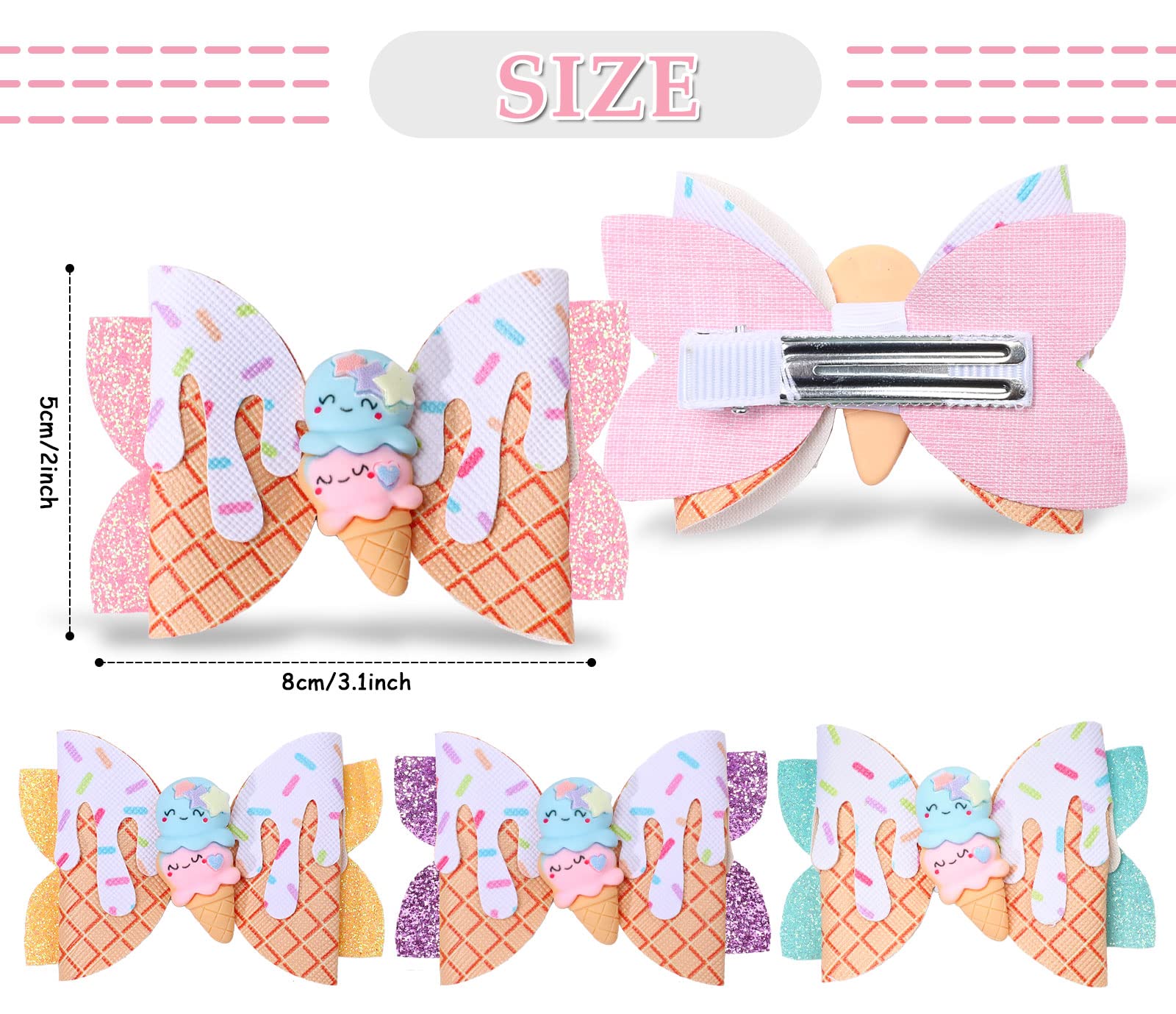 Whaline Ice Cream Glitter Bow Hair Clips 4Pcs Summer Hair Bow Barrette Colorful PU Leather Hairgrips Sparkly Alligator Hair Clips for Girls Women Hair Accessories Birthday Party Ball Supplies