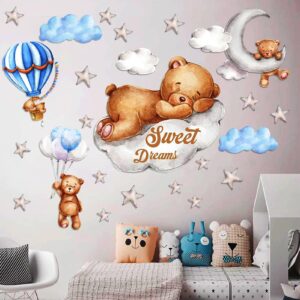 tedy bear sleeping on the moon and stars wall stickers for kids baby room decor sweet dream moon hot air star baby nursery decor room interior decor kid bedroom playroom wall decals (blue)